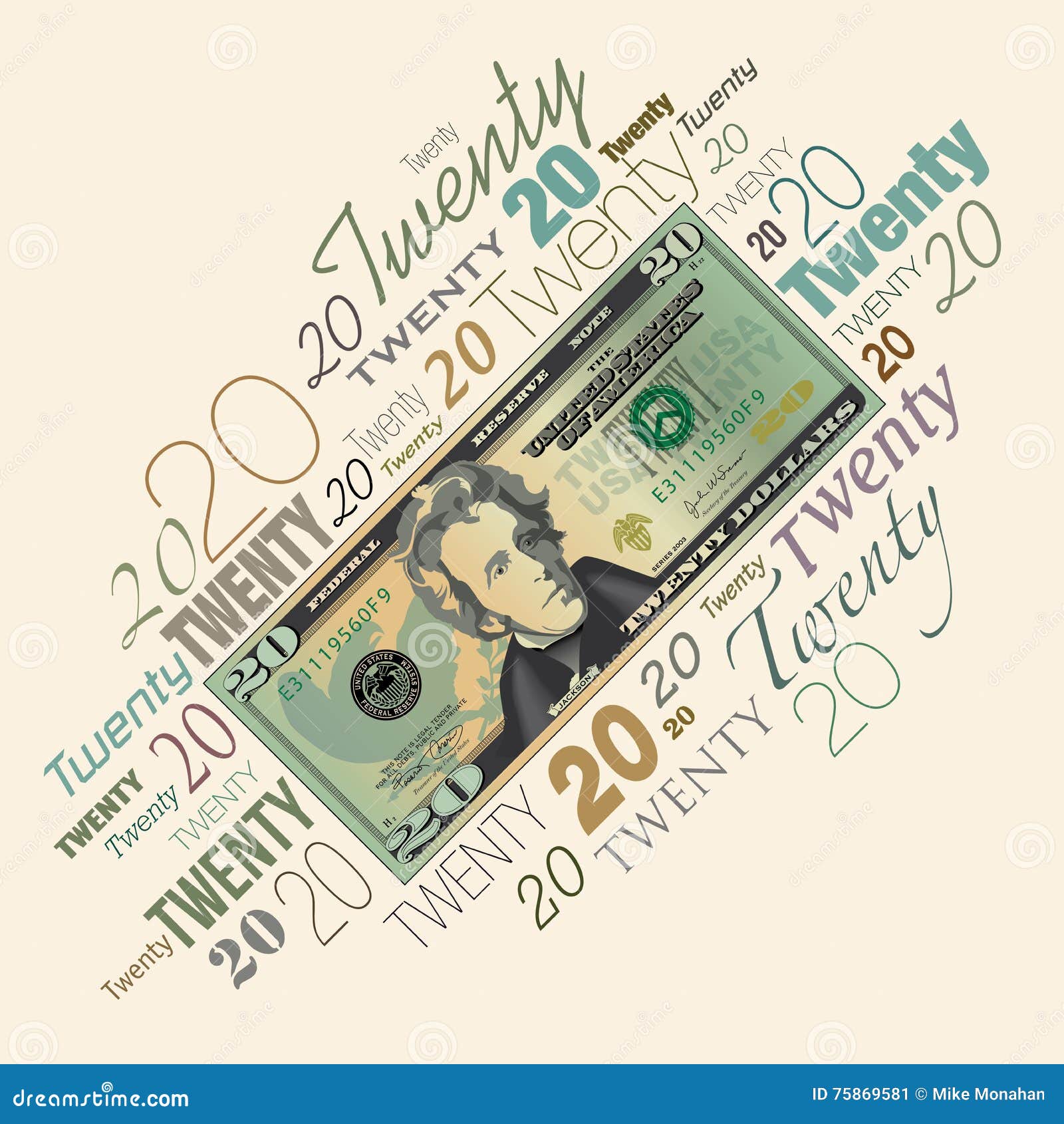 A Twenty Dollar Bill Typographic Design Stock Vector - Illustration of ...