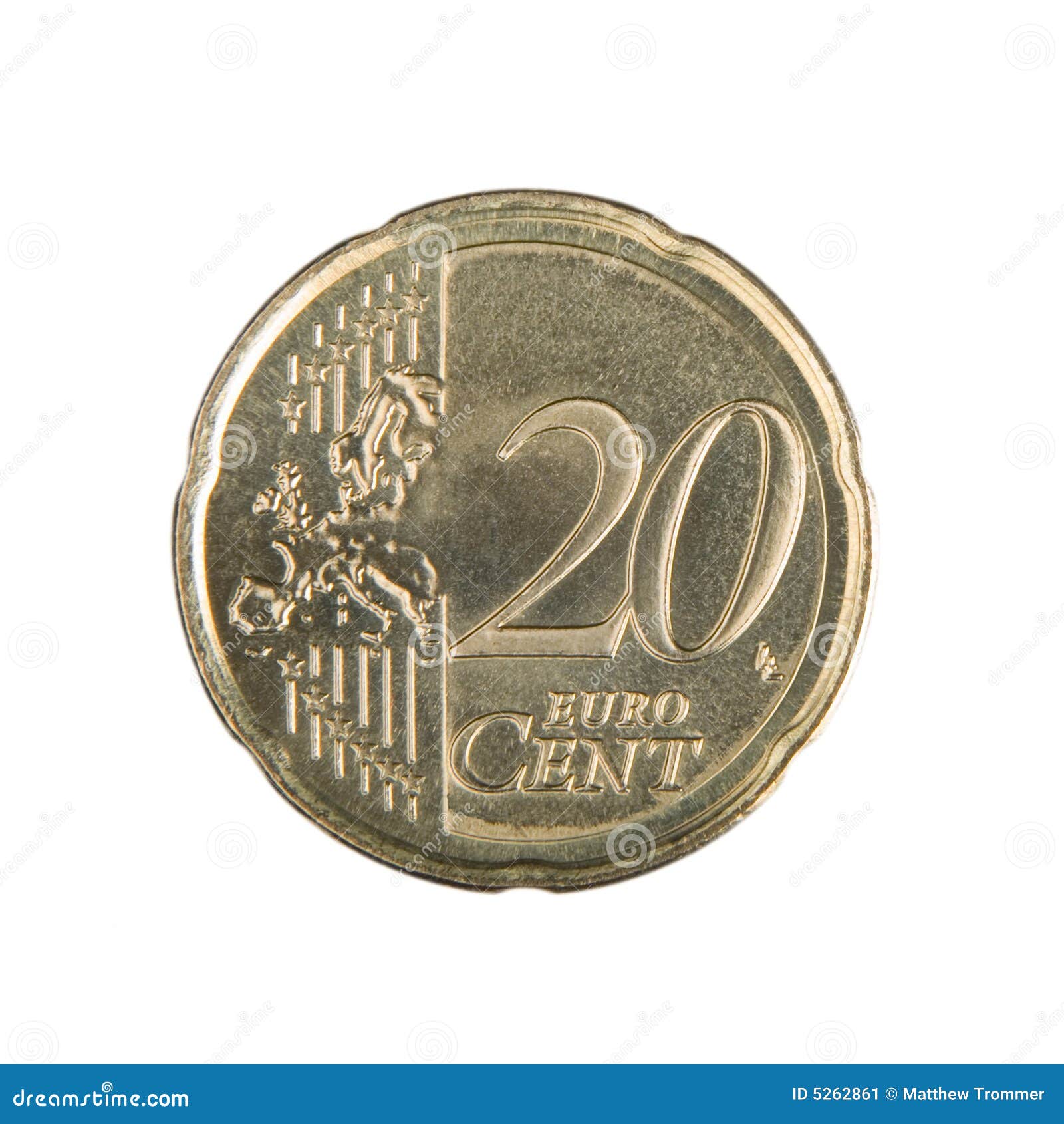 20 Euro Cent Coin Isolated On White Background With Reflection Royalty ...