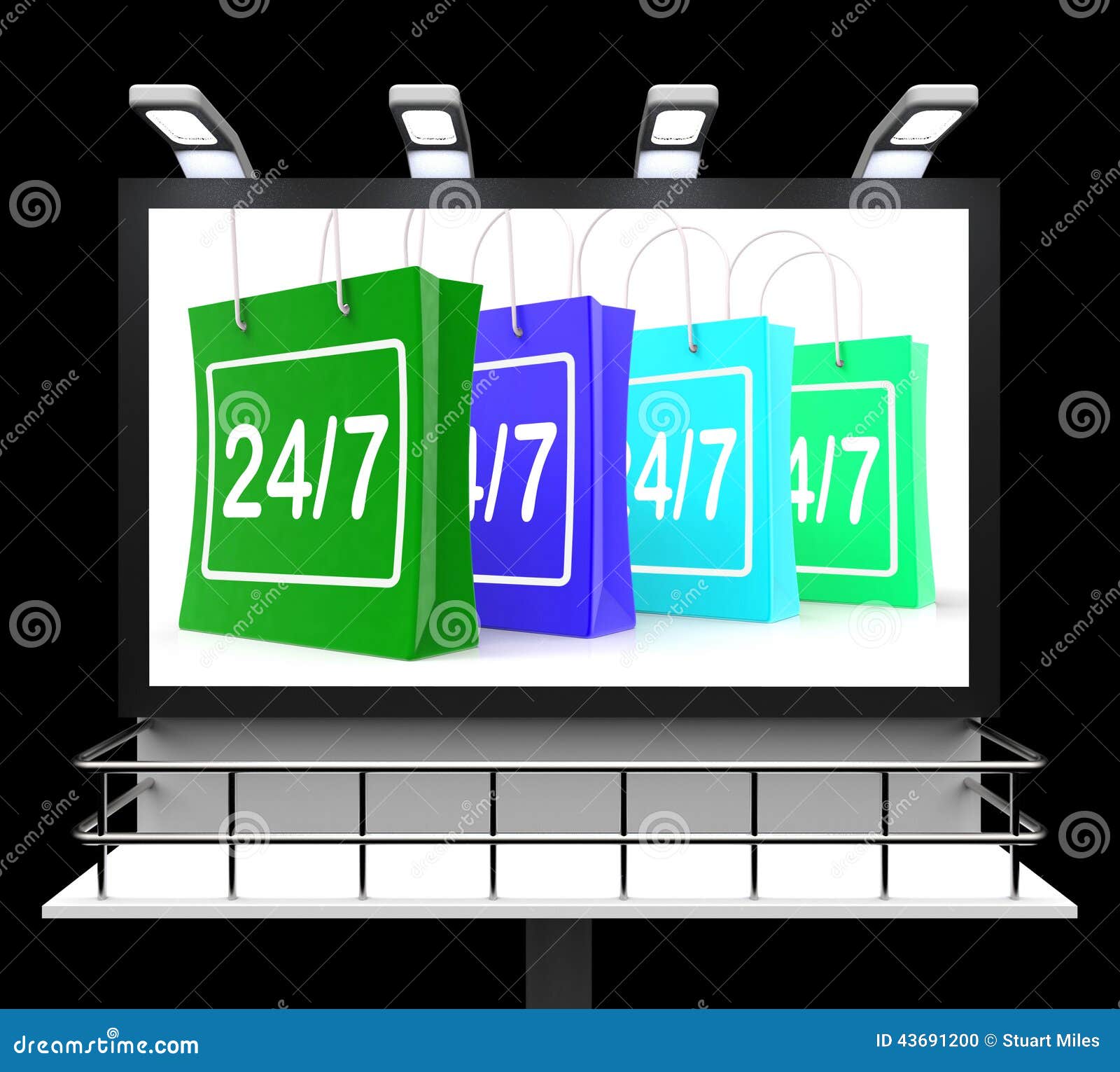 Twenty Four Seven Shopping Sign Shows Open 24/7 Stock Illustration ...