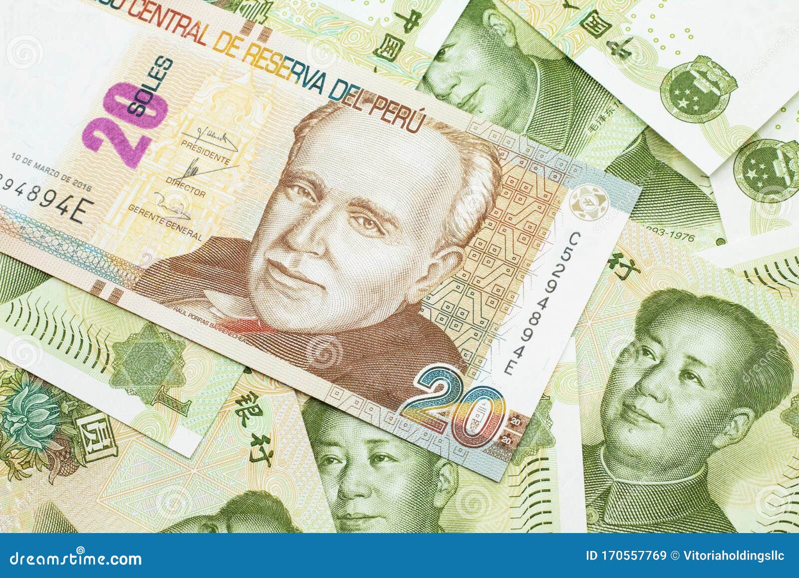 A Twenty Peruvian Sol Bank Note One a Bed of Chinese One Yuan Bank ...