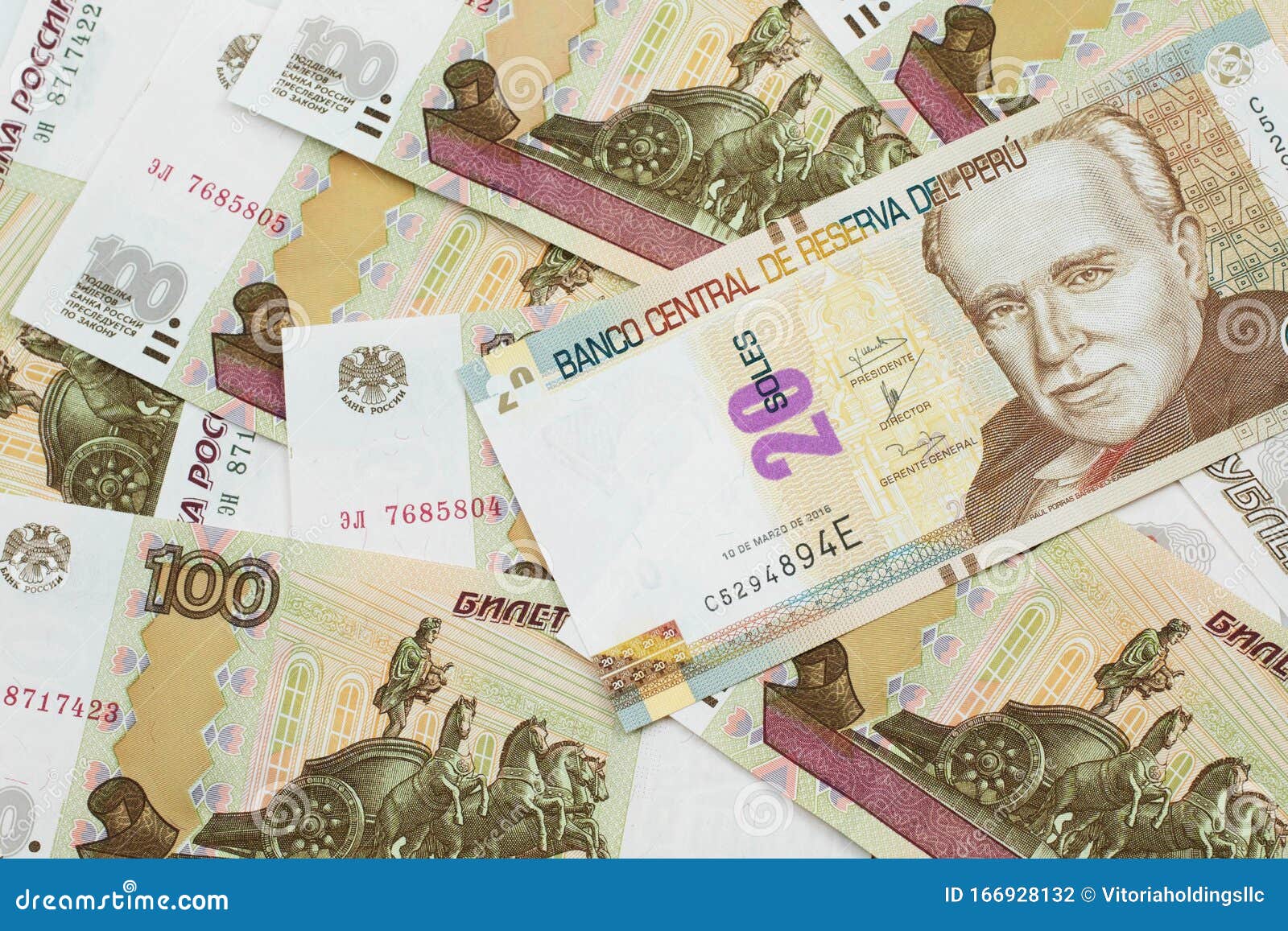 A Twenty Peruvian Sol Bank Note One a Bed of Russian One Hundred Ruble ...