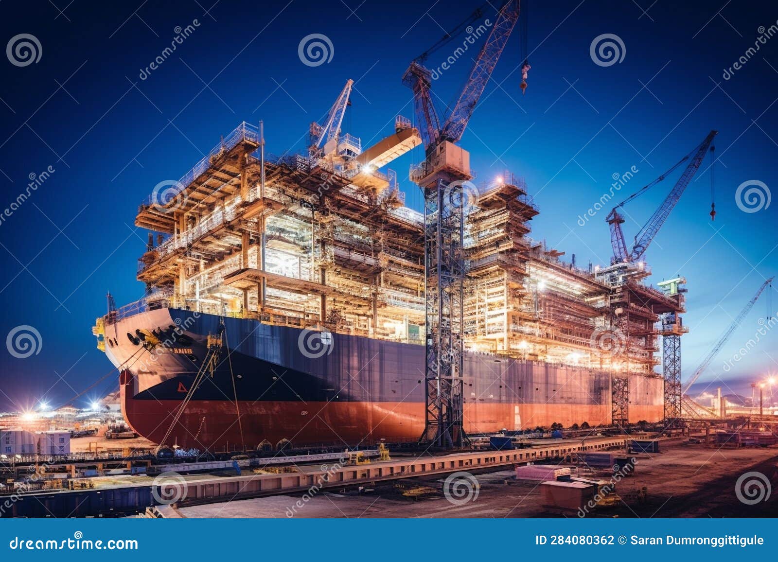 Twilight Capture of a Massive Cargo Ship Under Construction in Dry Dock ...