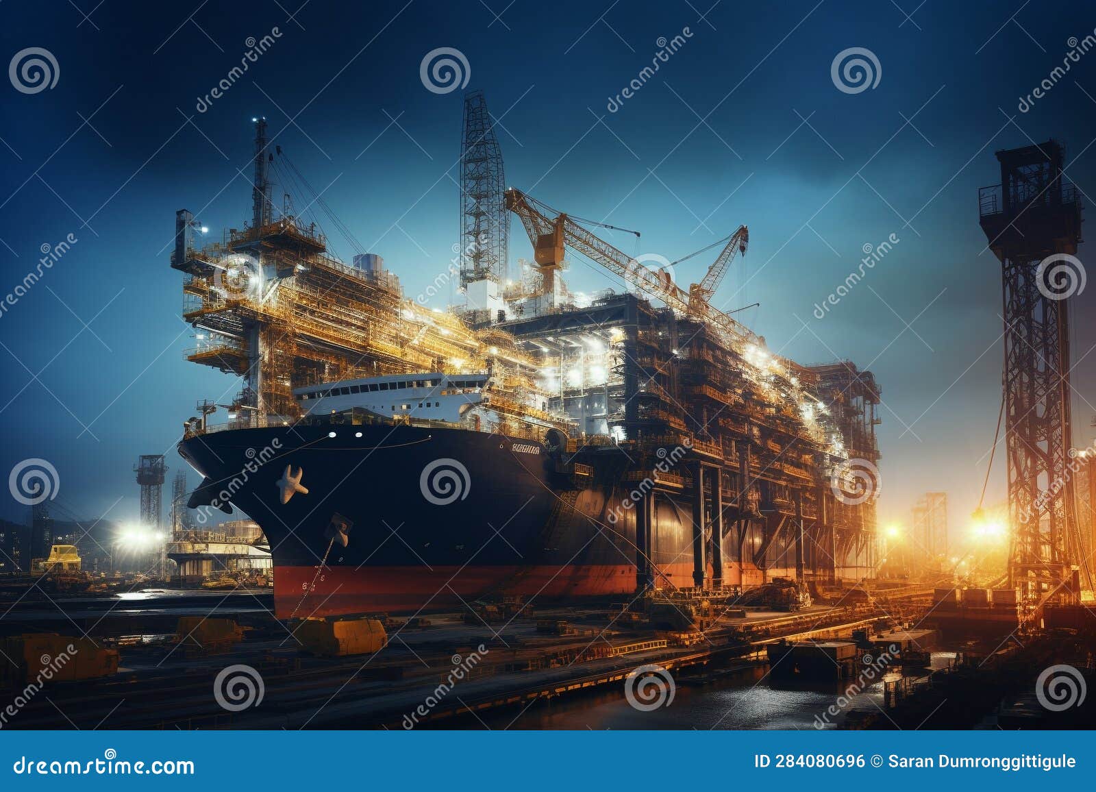 Twilight Capture of a Massive Cargo Ship Under Construction in Dry Dock ...