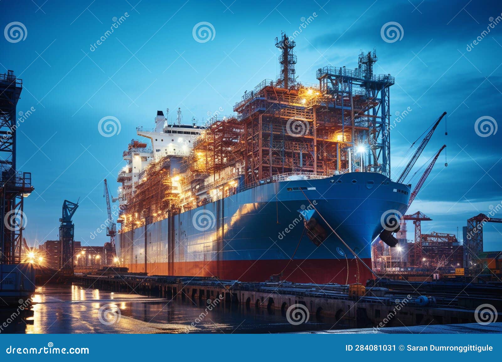 Twilight Capture of a Massive Cargo Ship Under Construction in Dry Dock ...