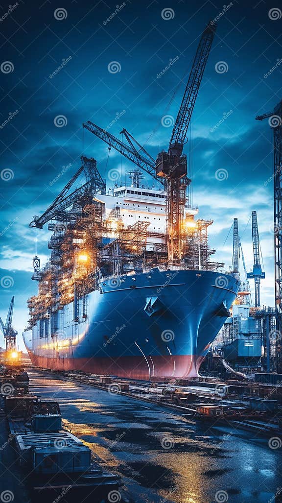 Twilight Capture of a Massive Cargo Ship Under Construction in Dry Dock ...