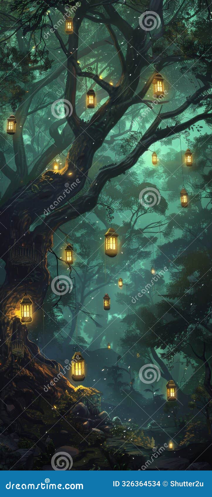 Twilight In A Forest With An Invisible Treehouse Hinted At By Floating ...