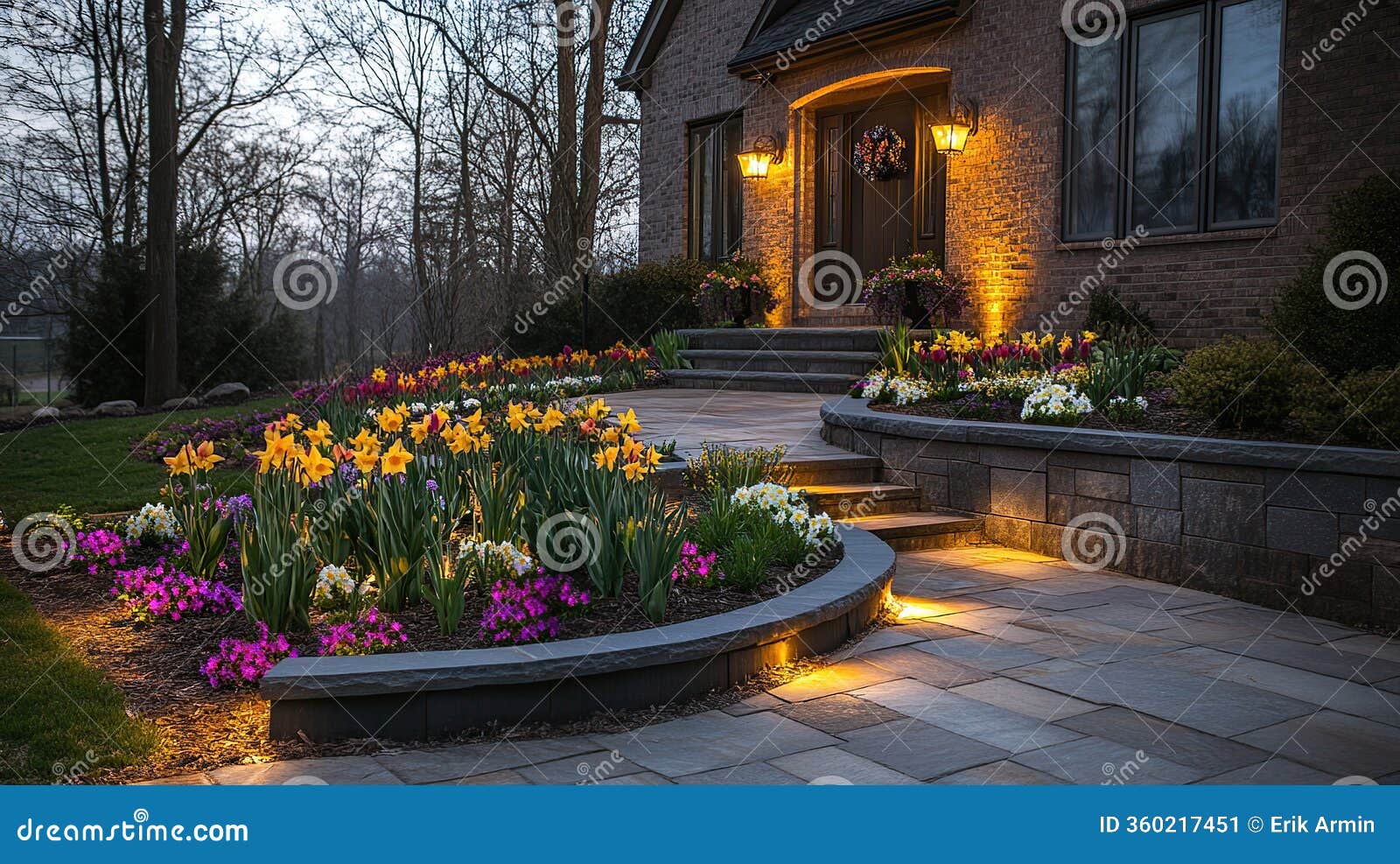 Twilight Garden Path Lighting, Suburban Home, Spring Blooms Stock Image ...