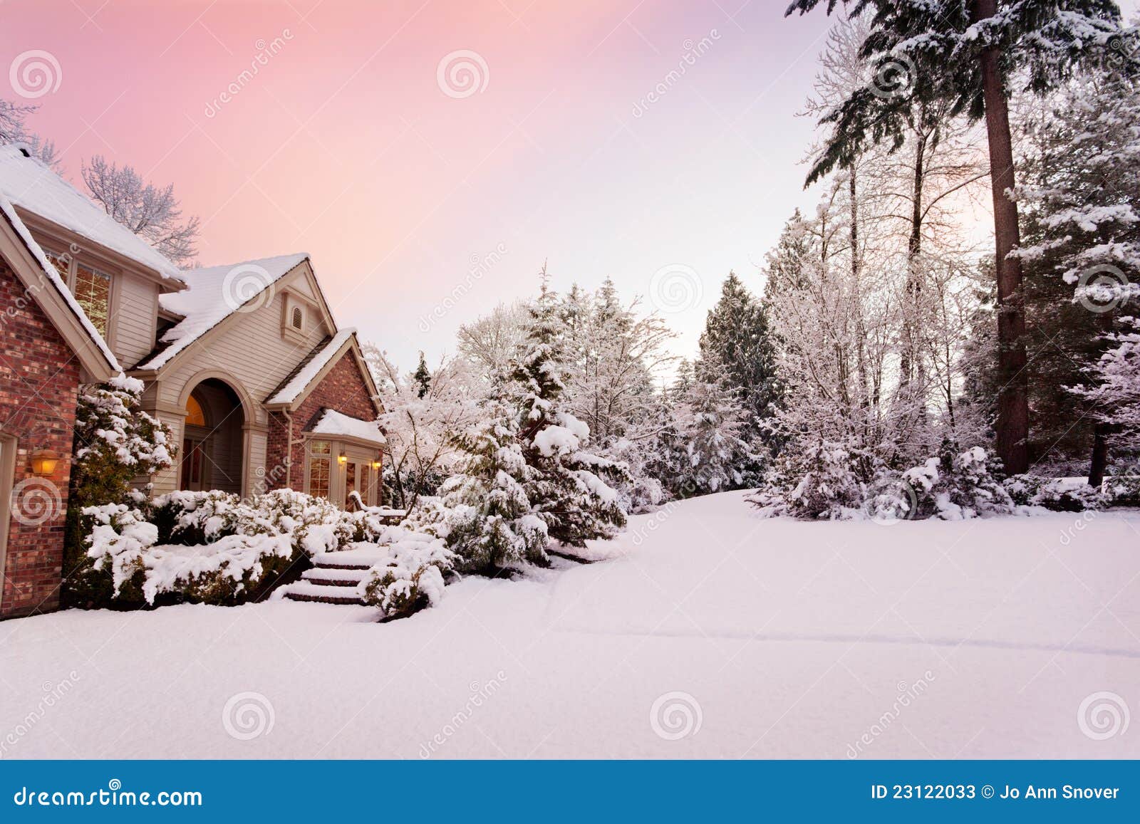 Twilight over snowy home stock image. Image of trees - 23122033