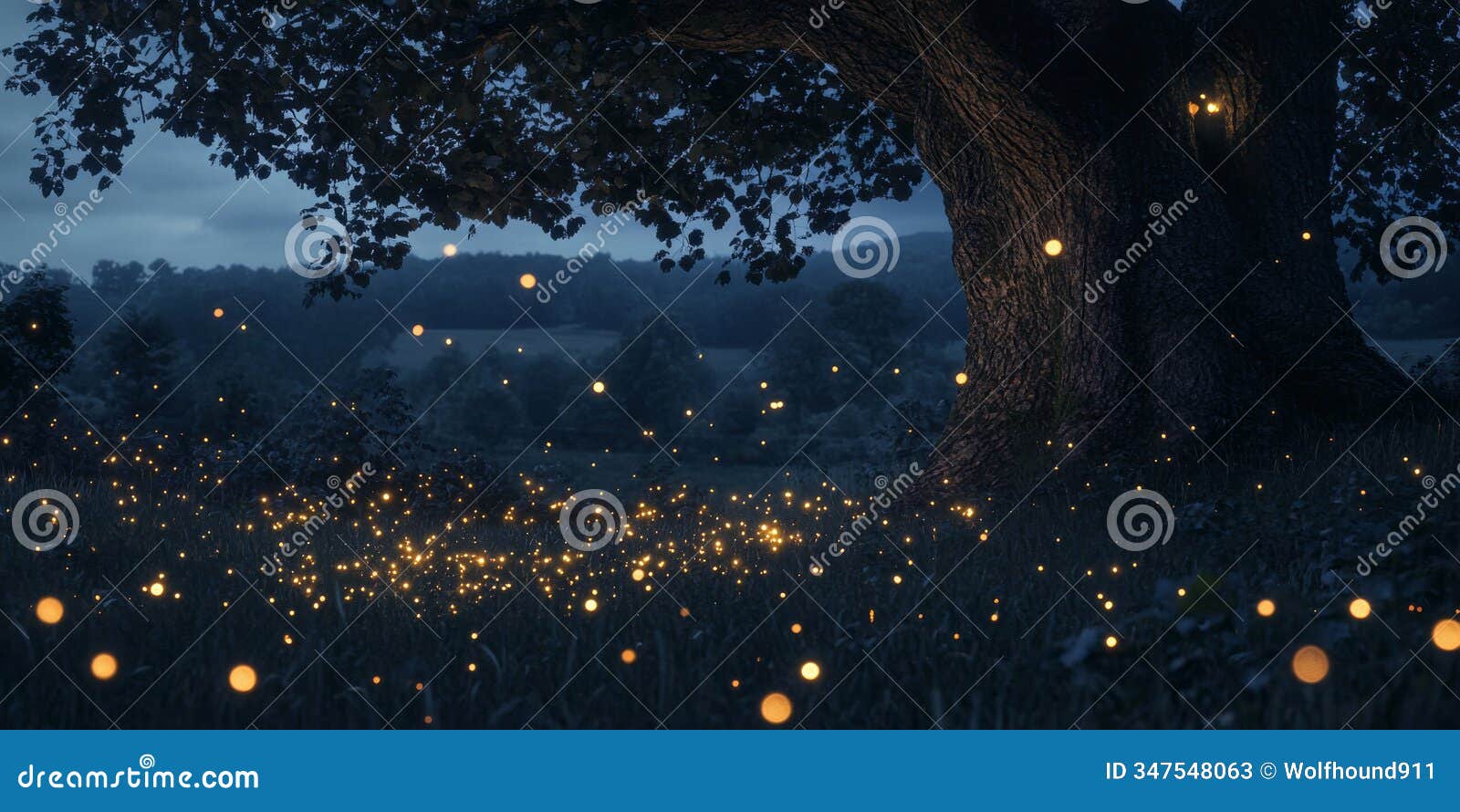 A Twilight Scene with Fireflies Dancing Around an Old Tree ...
