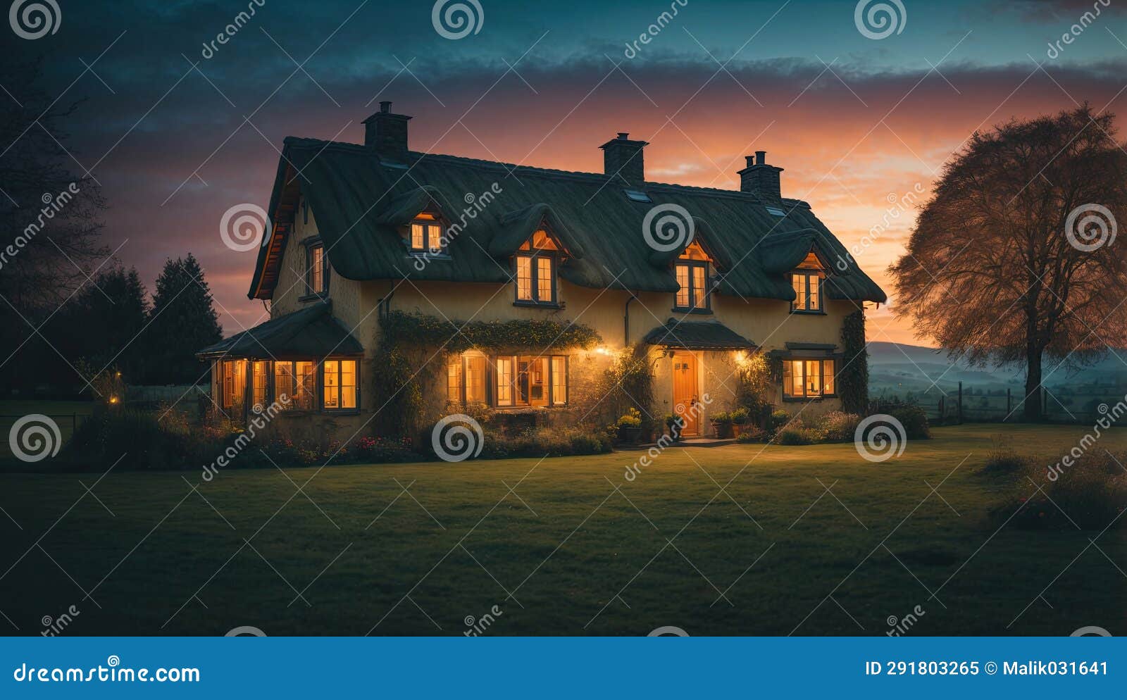 A Twilight Shot of a Charming Cottage Stock Illustration - Illustration ...