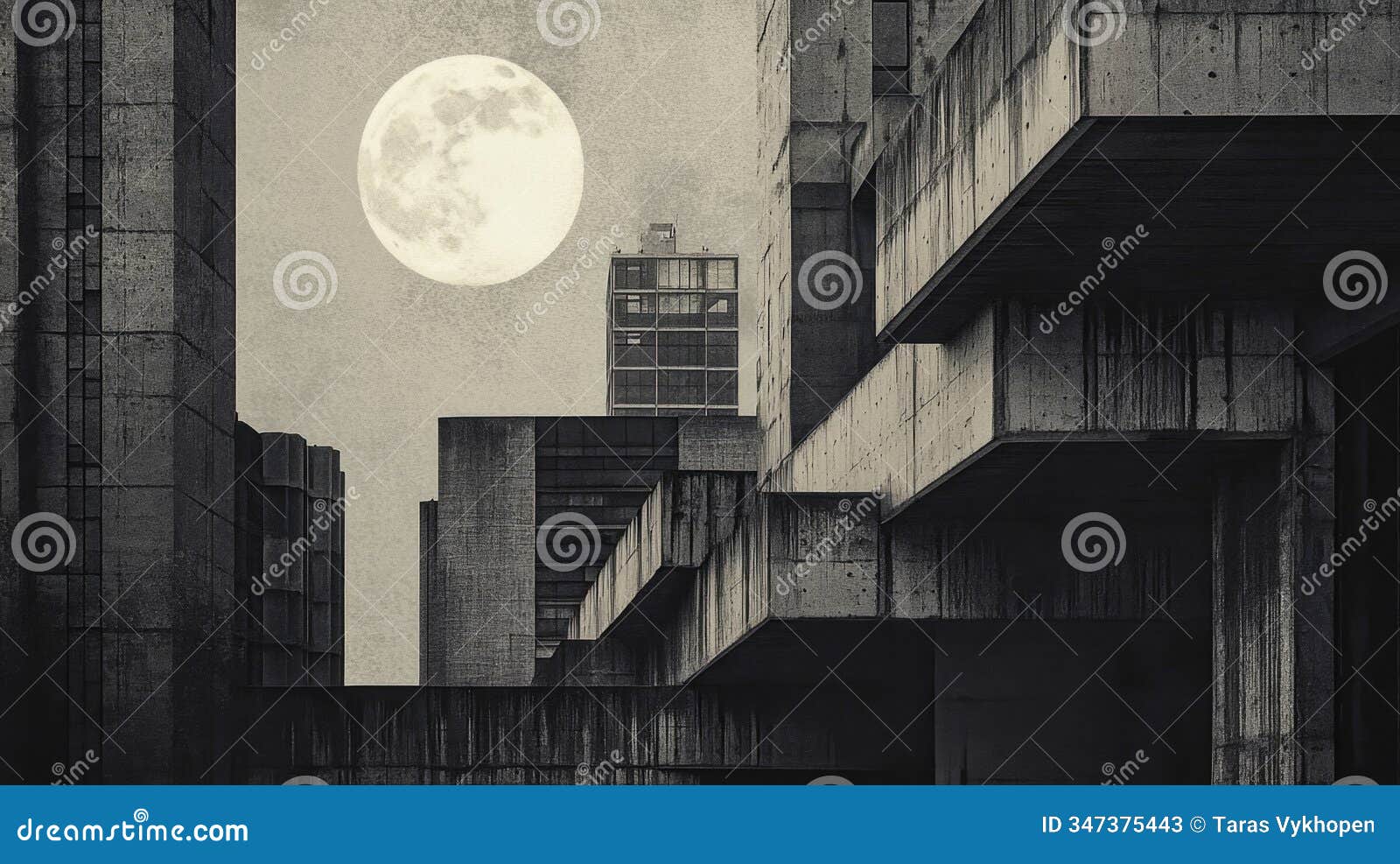 Twilight Skyline with Moonlight Illuminating Neo Brutalist Architecture ...