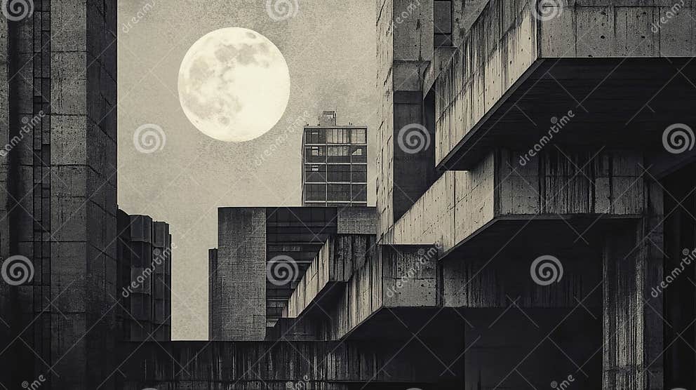 Twilight Skyline with Moonlight Illuminating Neo Brutalist Architecture in Monochrome Stock ...