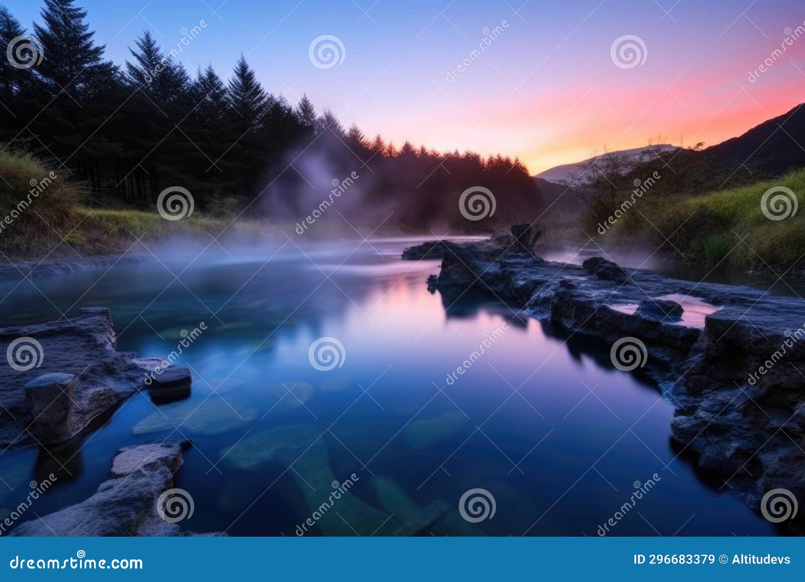 Twilight Touching a Hot Spring Surrounded by Forest Stock Image - Image ...