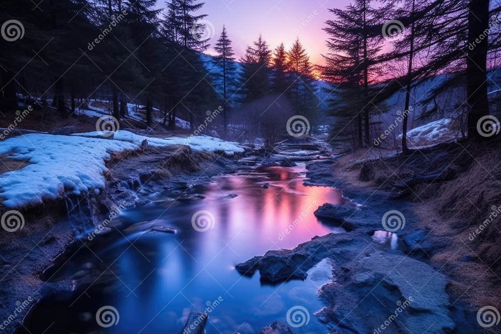 Twilight Touching a Hot Spring Surrounded by Forest Stock Image - Image ...