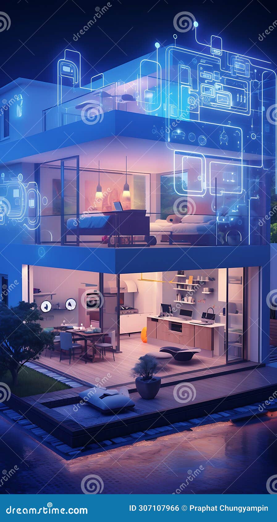 Twilight View of a High-tech Smart Home with Interactive Interfaces ...