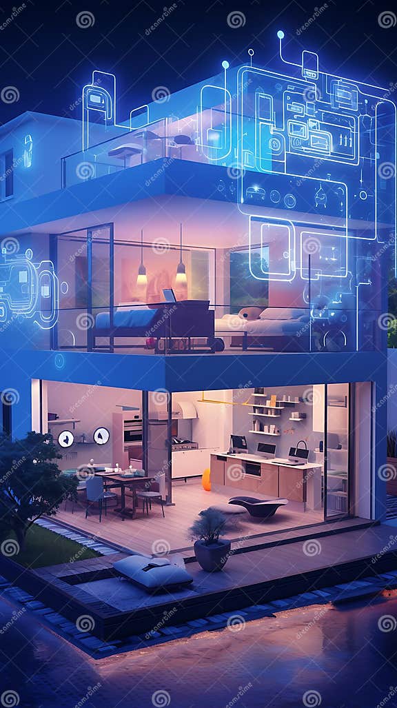 Twilight View of a High-tech Smart Home with Interactive Interfaces ...