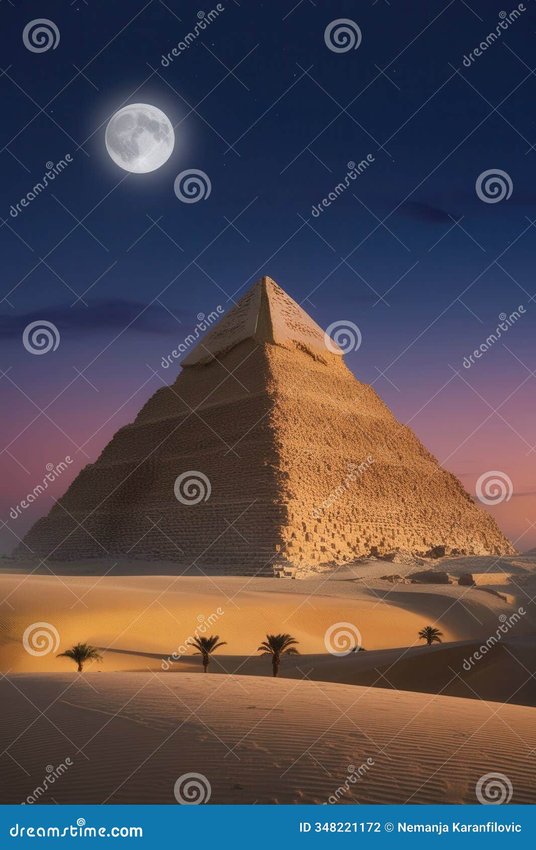 Twilight View of the Pyramids of Giza with Moon in Colorful Sky Stock ...