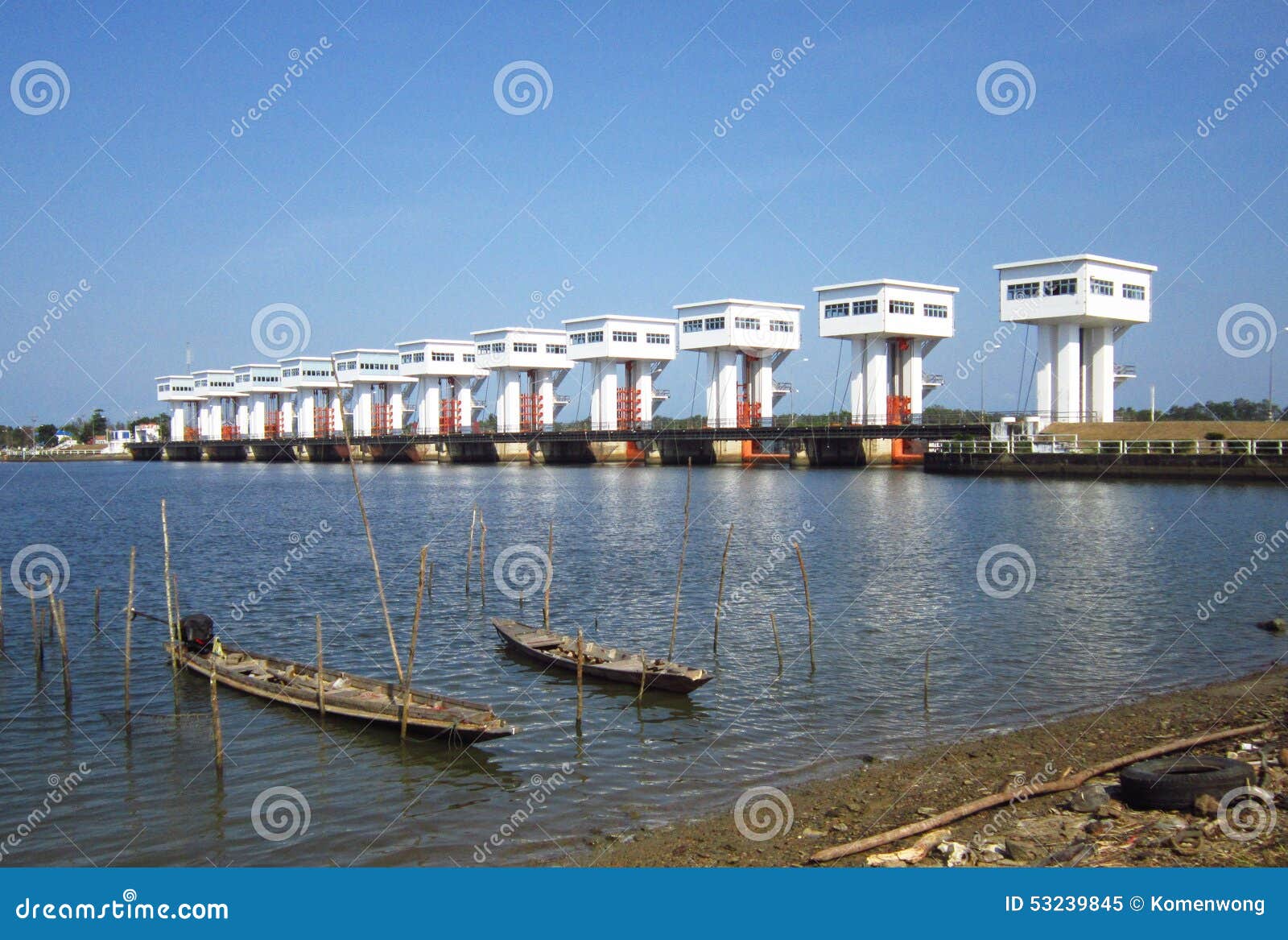 Twin Boats Float on the River and Dam Stock Image - Image of carry ...