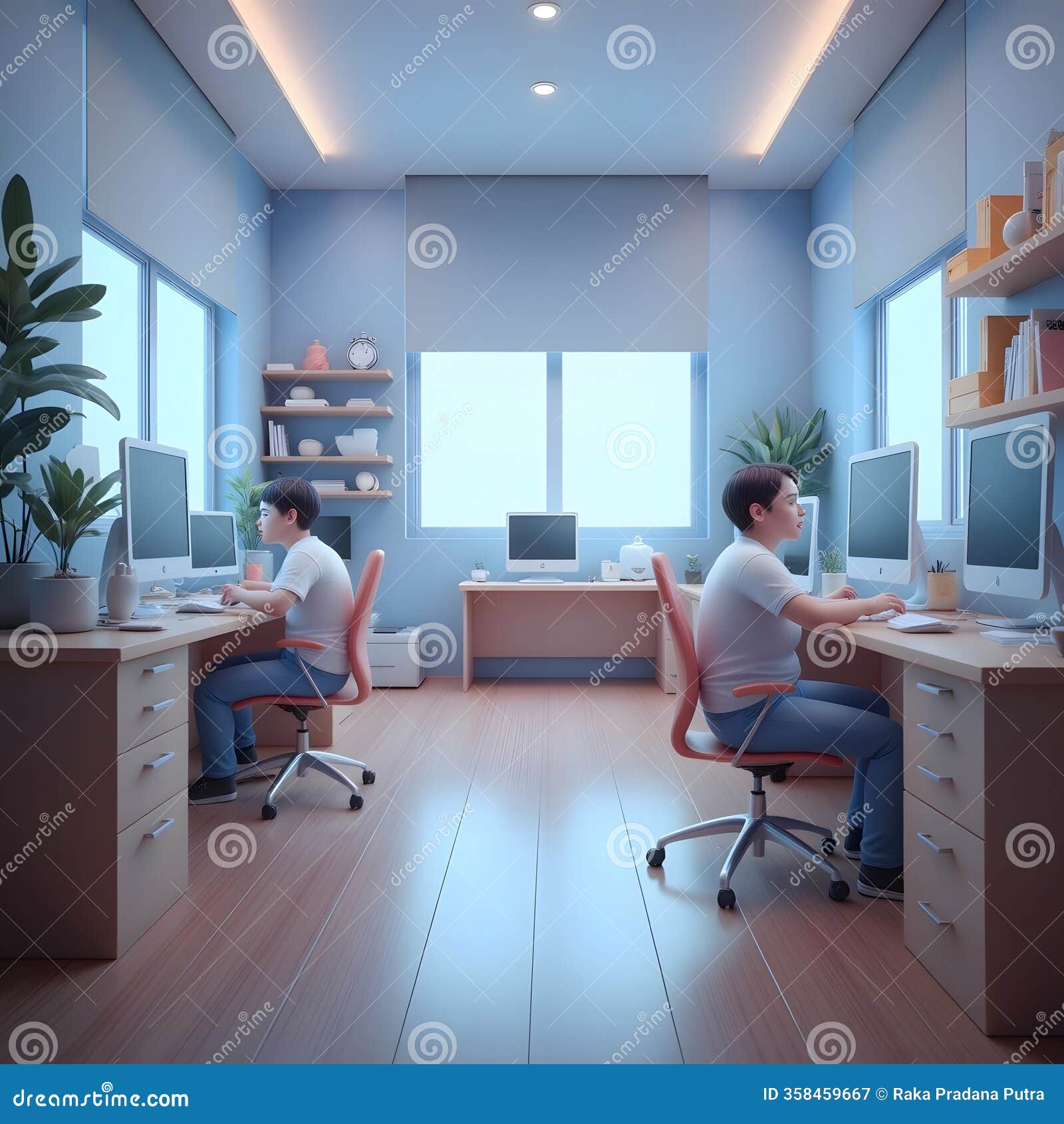 Twin Boys Working at Serene Blue Desk Setup: a Peaceful Digital ...