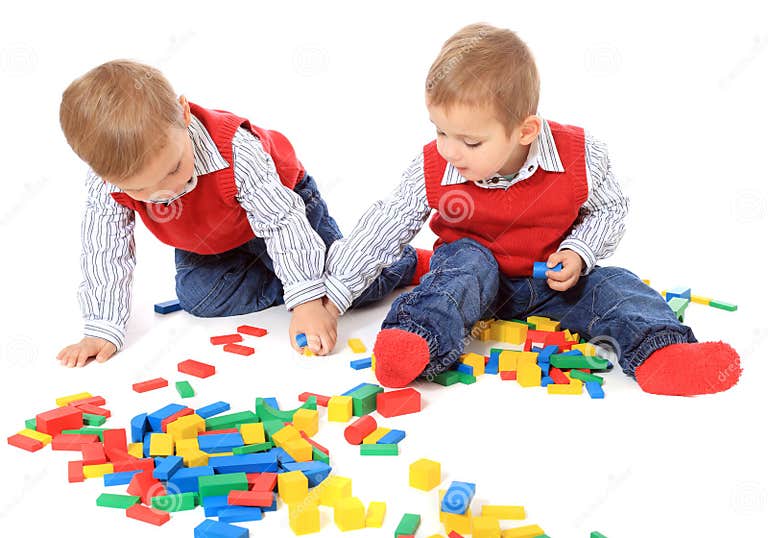 Twin Brothers Playing with Blocks Stock Photo - Image of playing, white ...