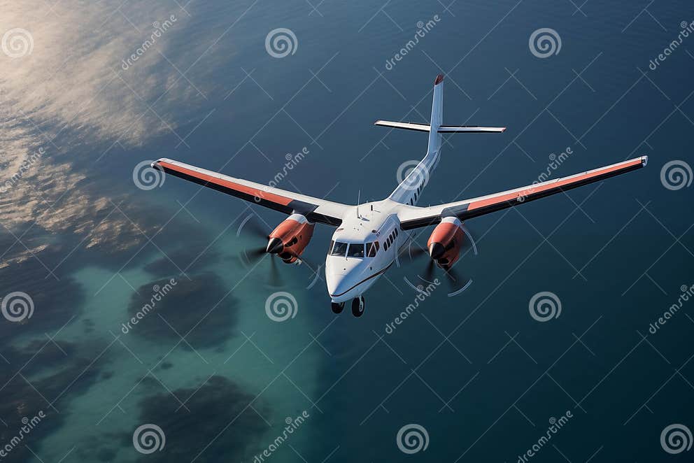 Twin-Engine Propeller Aircraft Over Water Stock Illustration ...