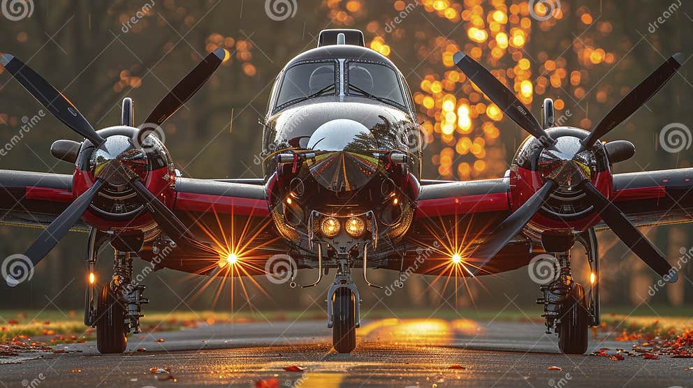 Twin-engine Propeller Plane Parked on Runway at Dusk Stock Illustration ...