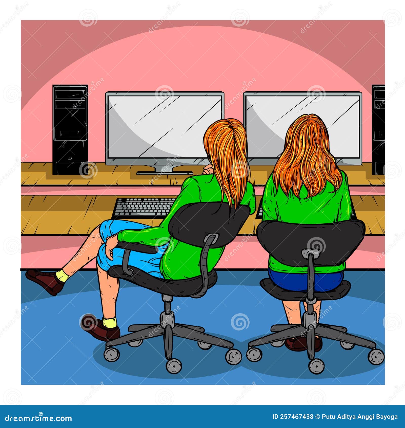 Twin Girls Playing Computer Stock Vector - Illustration of twin ...