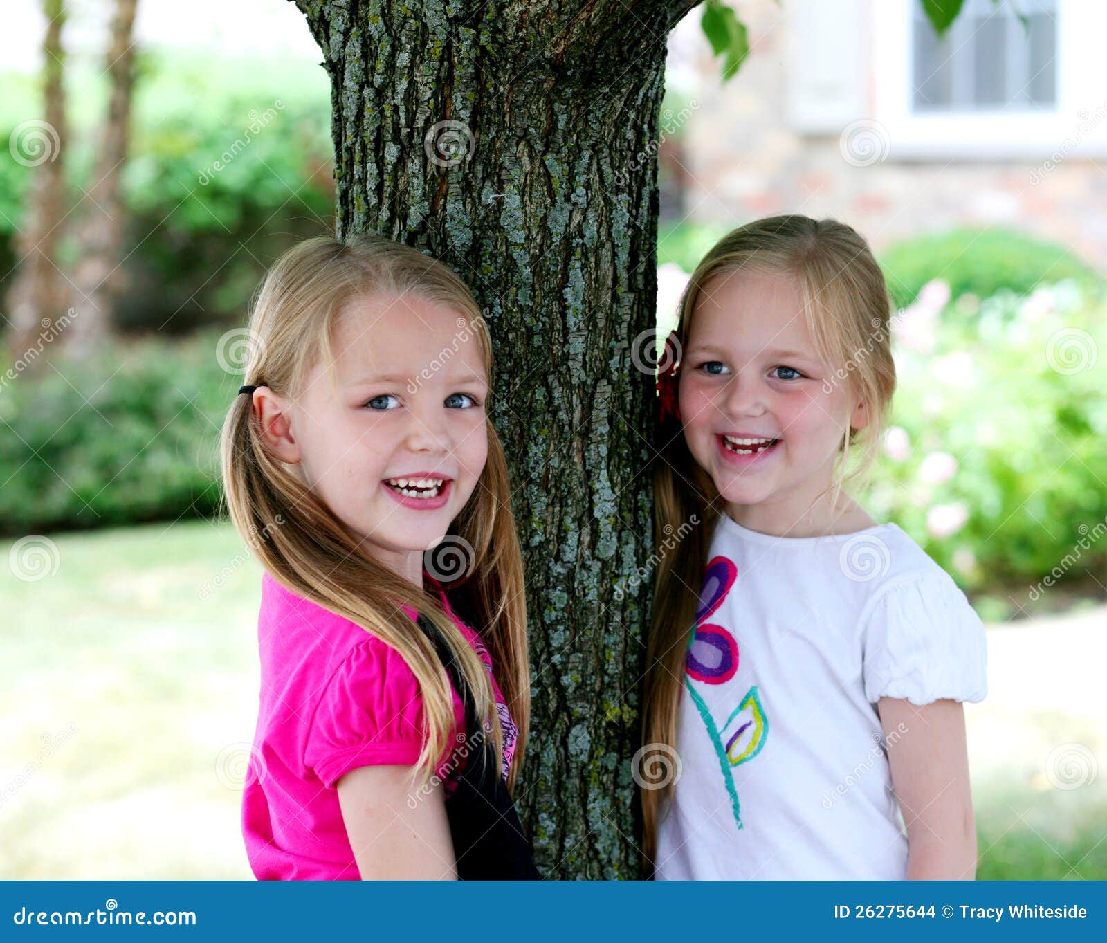 Twin Little Girls Hugging a Tree Stock Photo - Image of fashion, kids ...