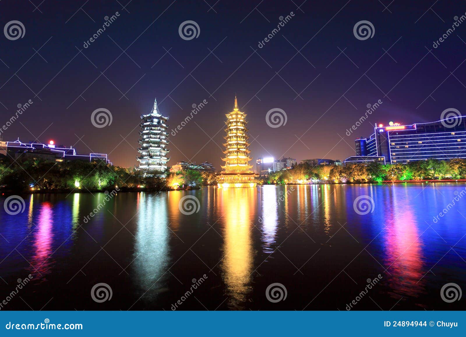 Twin Pagodas in Guilin at Night Stock Photo - Image of pond, relaxing ...