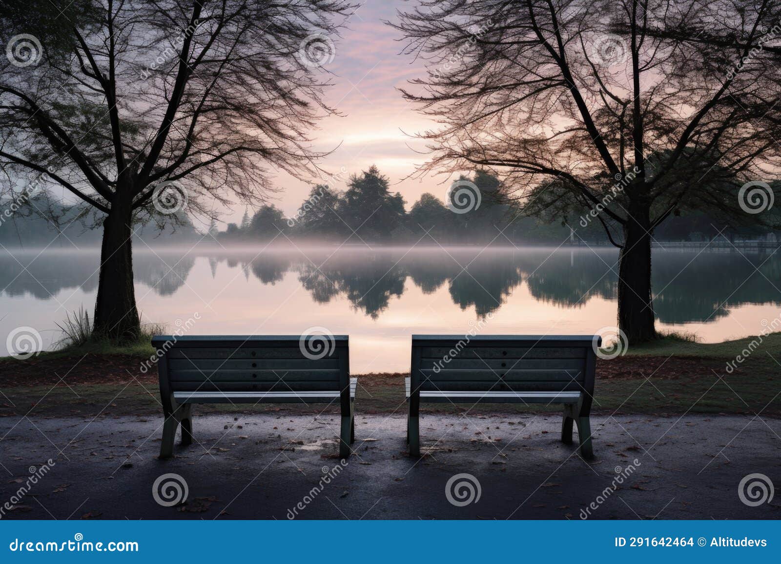 Twin Park Benches Facing a Calm Lake Stock Photo - Image of scenery ...