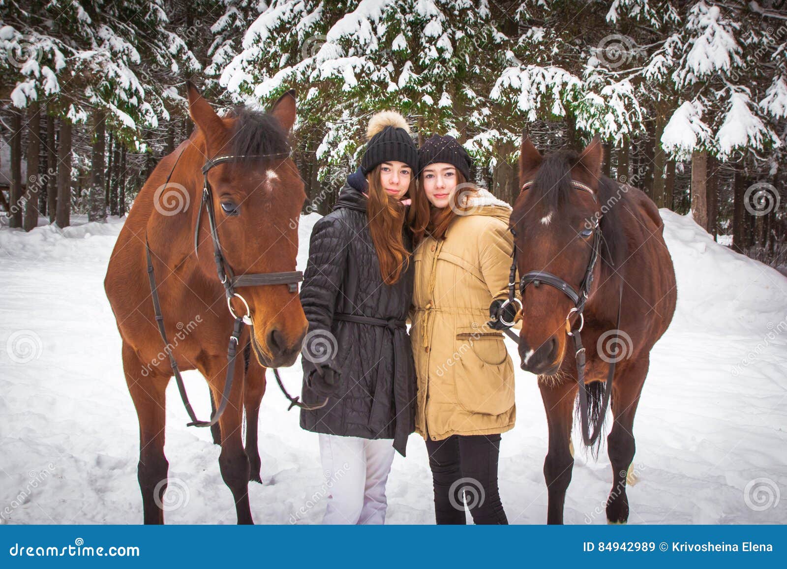 Twin Sisters and Horse in the Winter Forest Stock Image - Image of ...