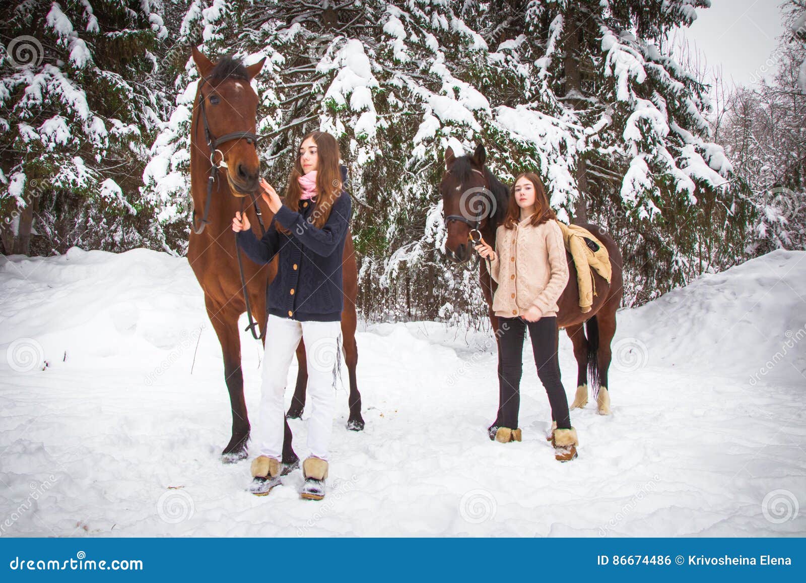 Twin Sisters and Horse in the Winter Forest Stock Photo - Image of ...