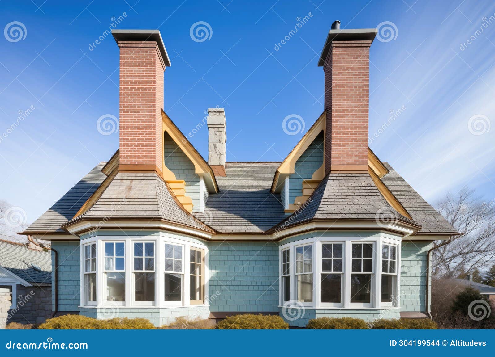 Twin Stone Chimneys on Shingle Style House with Bay Windows Stock Photo - Image of house, style ...