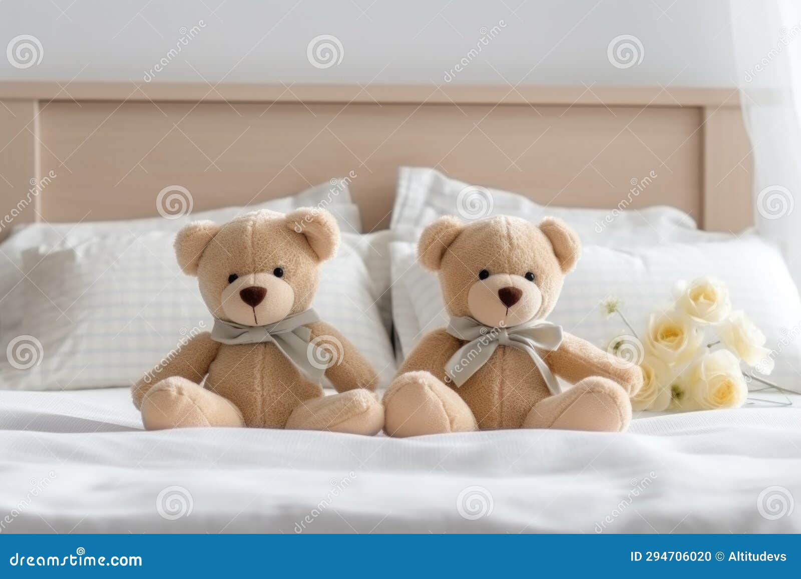 Twin Teddy Bears Sitting on an Empty Childs Bed Stock Photo - Image of ...