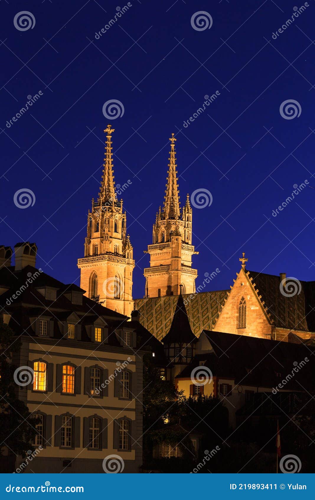 The Twin Tower of the Basel Cathedral in the Evening Stock Image ...