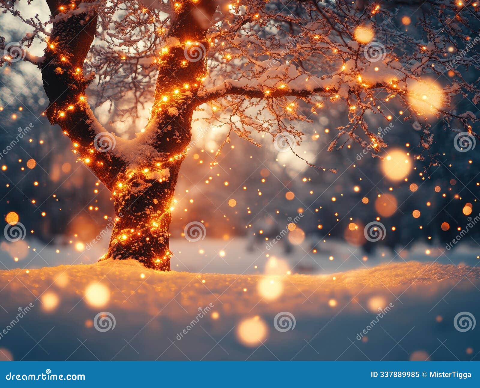Twinkling Fairy Lights Wrapped Around a Snowy Tree, Full Empty Copy ...
