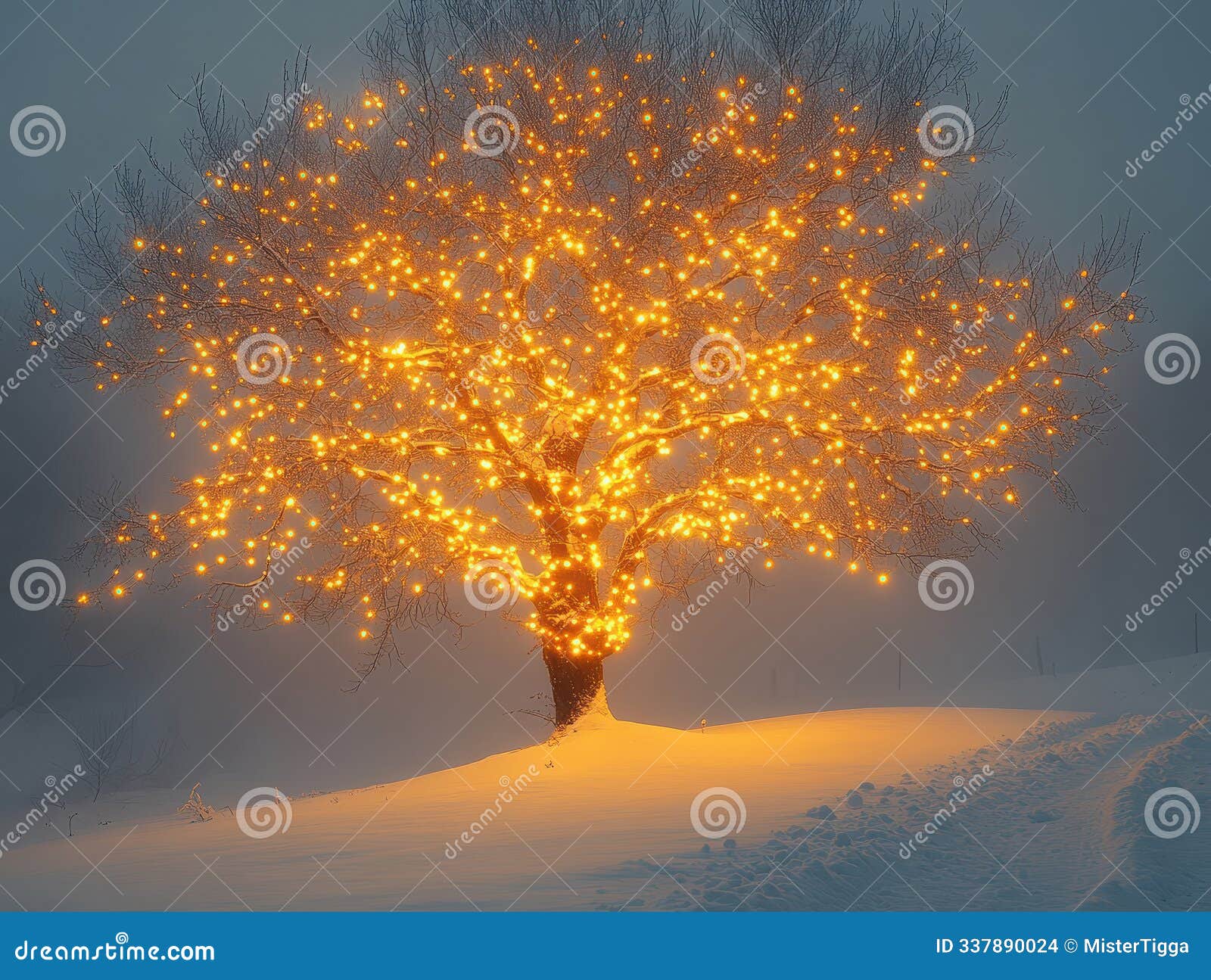 Twinkling Fairy Lights Wrapped Around a Snowy Tree, Full Empty Copy ...