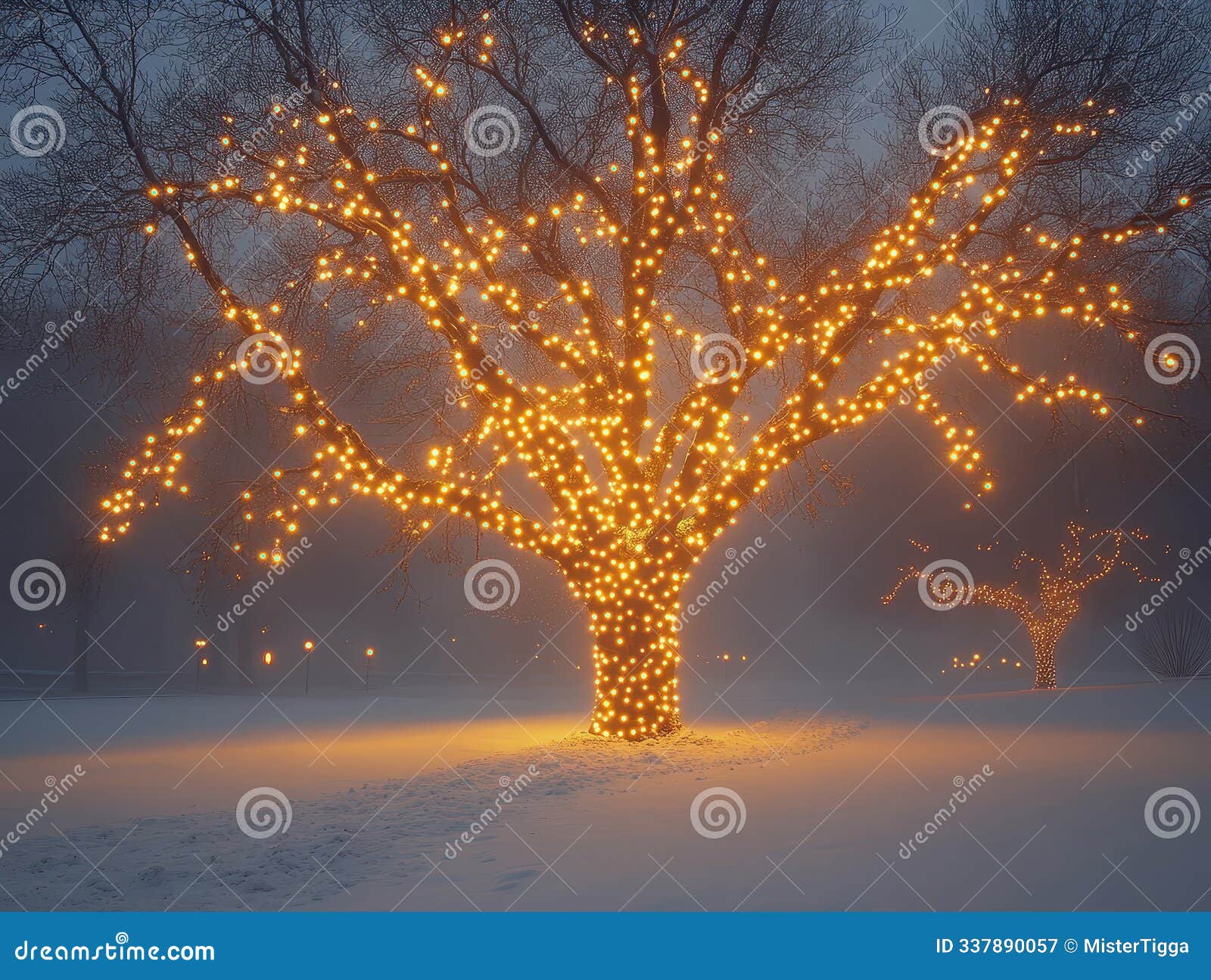 Twinkling Fairy Lights Wrapped Around a Snowy Tree, Full Empty Copy ...