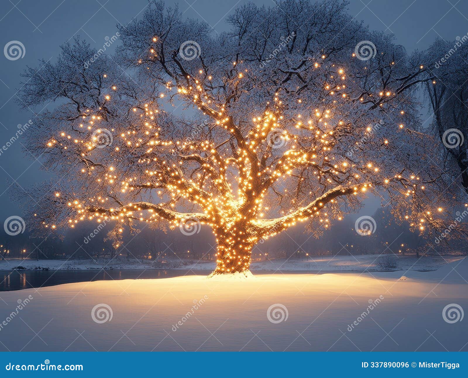 Twinkling Fairy Lights Wrapped Around a Snowy Tree, Full Empty Copy ...