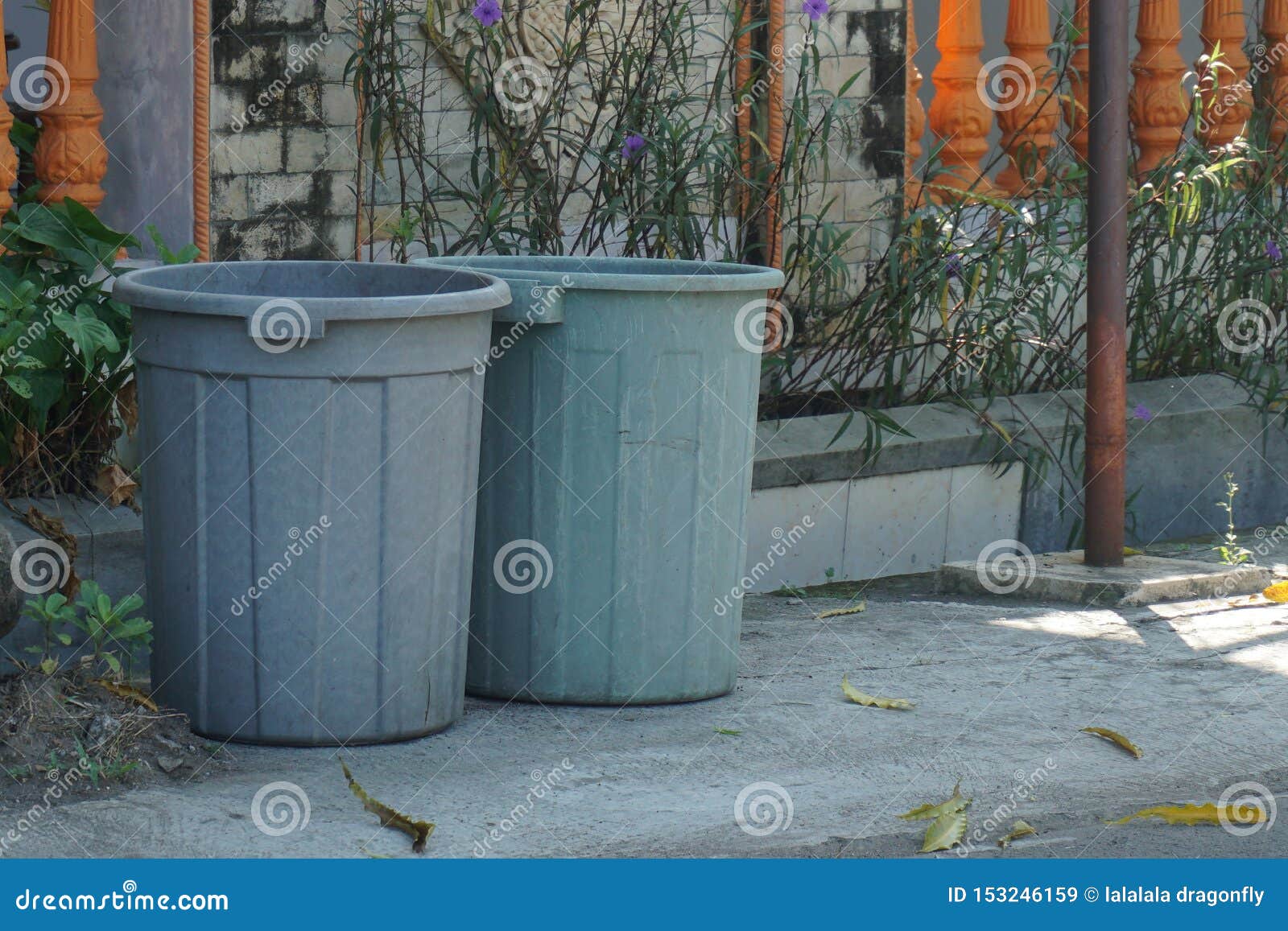 Twins of Plastic Grey Dustbin Outside the Gate Stock Image - Image of ...