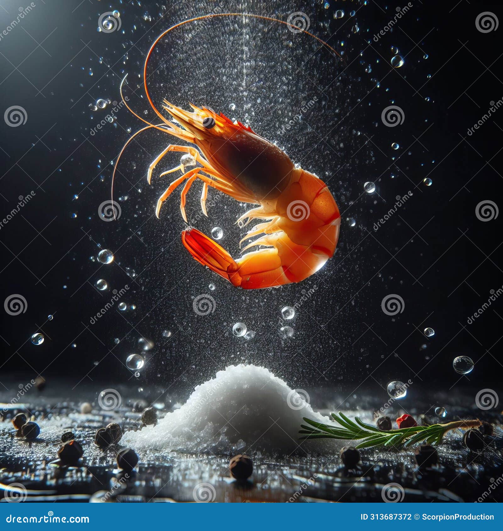 Twirling Prawn in Water Droplets Stock Photo - Image of generated ...