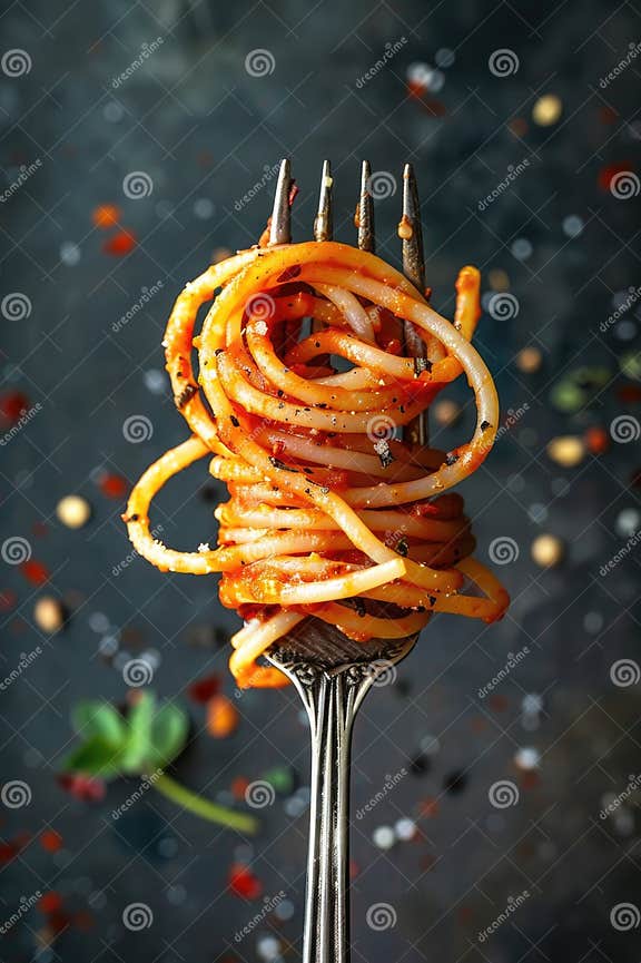 Twirling Spaghetti on Fork with Sauce Splatter Mid-Air Stock Photo ...