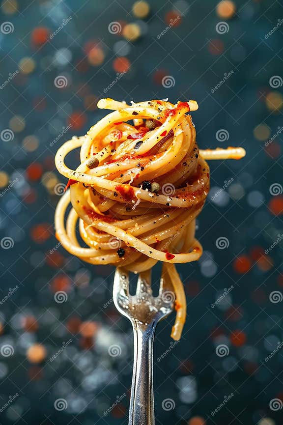 Twirling Spaghetti on Fork with Sauce Splatter Mid-Air Stock Photo ...