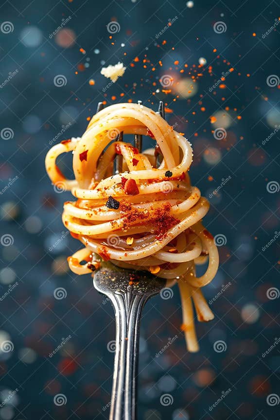 Twirling Spaghetti on Fork with Sauce Splatter Mid-Air Stock Image ...