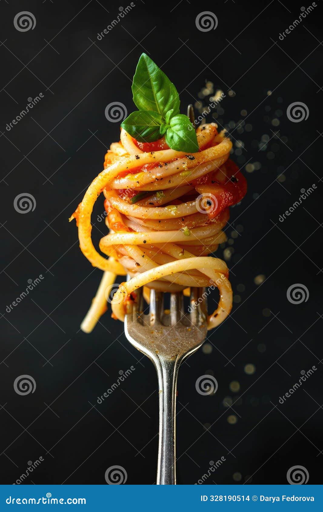 Twirling Spaghetti on Fork with Tomato Sauce and Basil Leaf Stock Photo ...