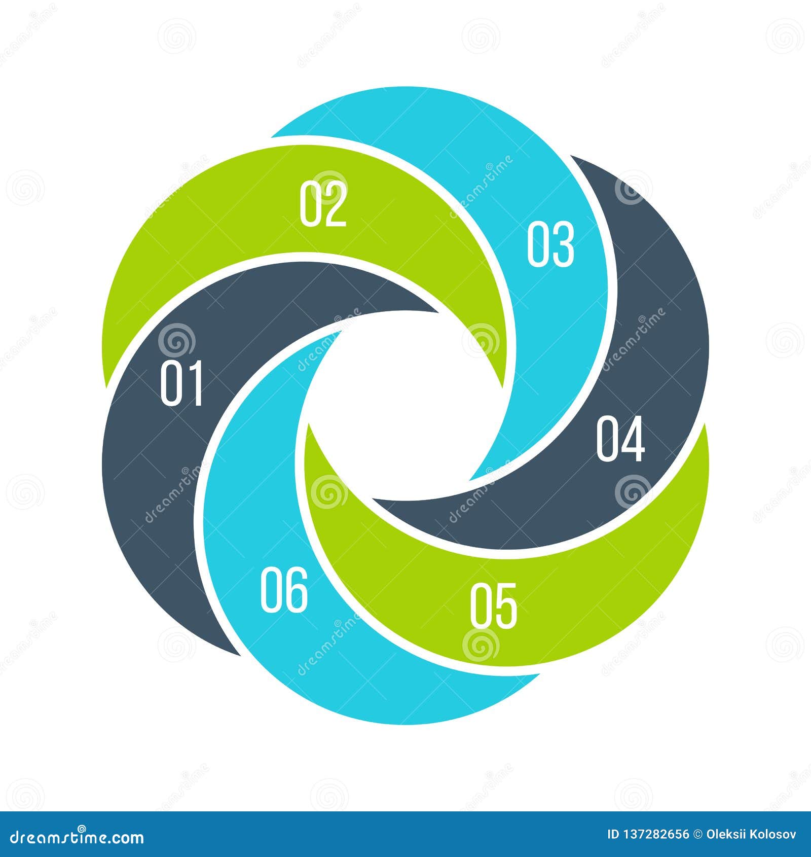 Twisted Diagram Divided into 6 Parts, Steps or Options. Vector Flat ...