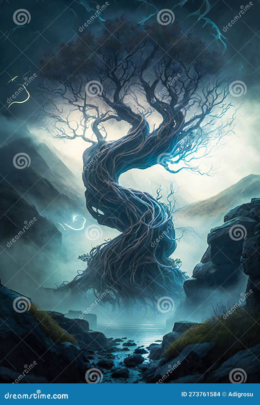A Twisted Tree Trunk in a Dark Place. AI Generated. Stock Illustration ...