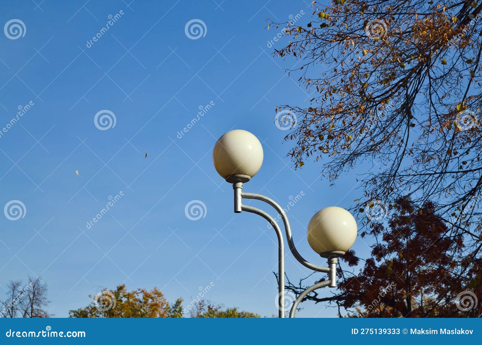 A Twisted Lantern with a Round Lamp and Two Falling Leaves in an Autumn ...