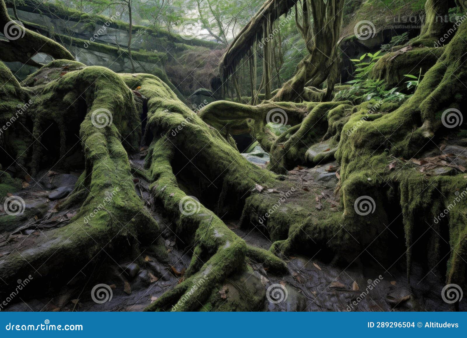 Twisted Roots Sprawling Over Moss-covered Rocks Stock Photo - Image of ...