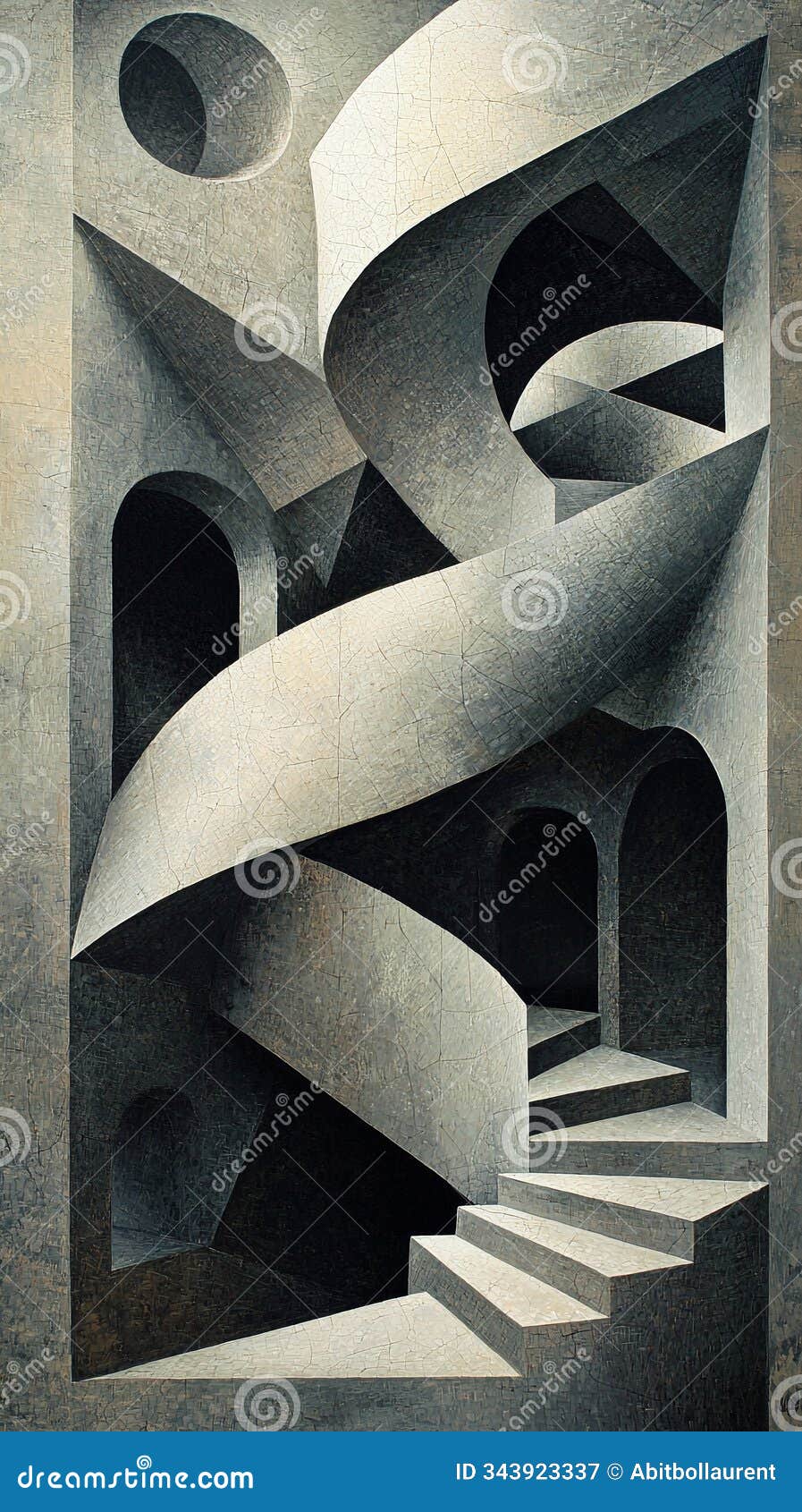 Twisted Structure with Spiraling Staircases in Monochrome, Creating ...